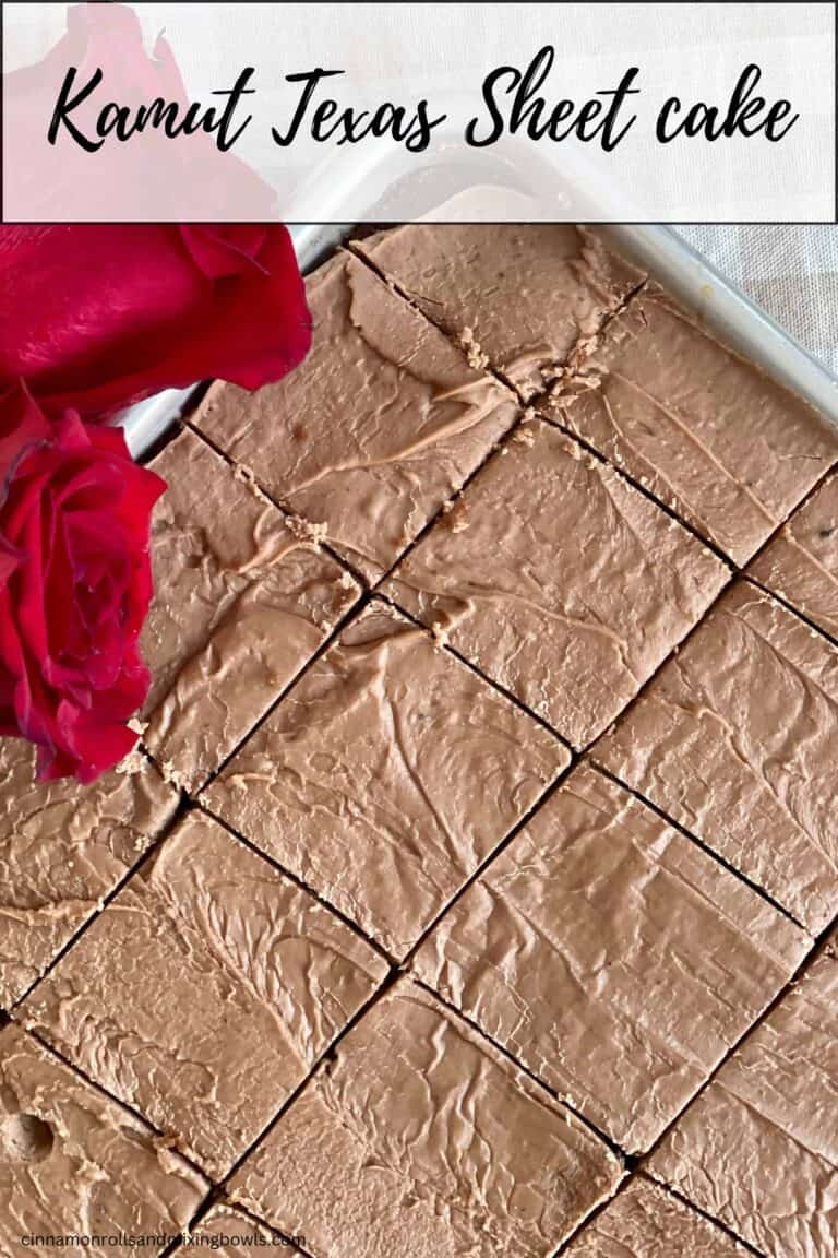 Fresh Milled Kamut Texas Sheet Cake - Cinnamon Rolls and Mixing Bowls